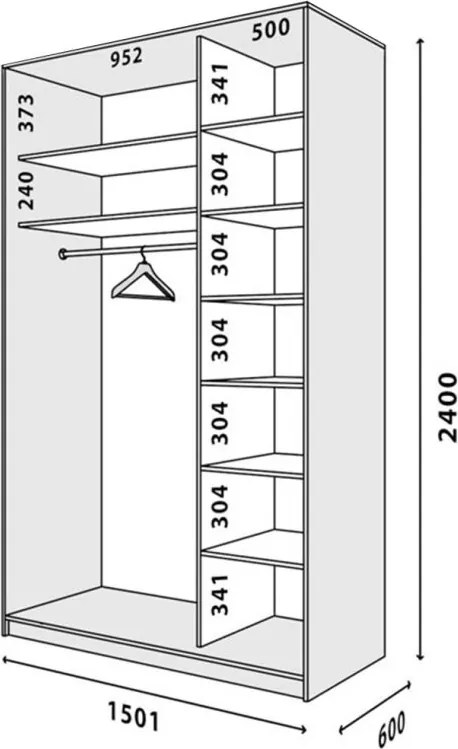 Skříň 2D 1500x600x2400, DTD + zrcadlo, Světlý dub sonoma