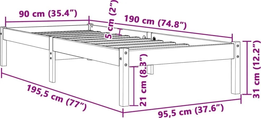 vidaXL Rám postele voskově hnědý 90 x 190 cm masivní borovice [844836]