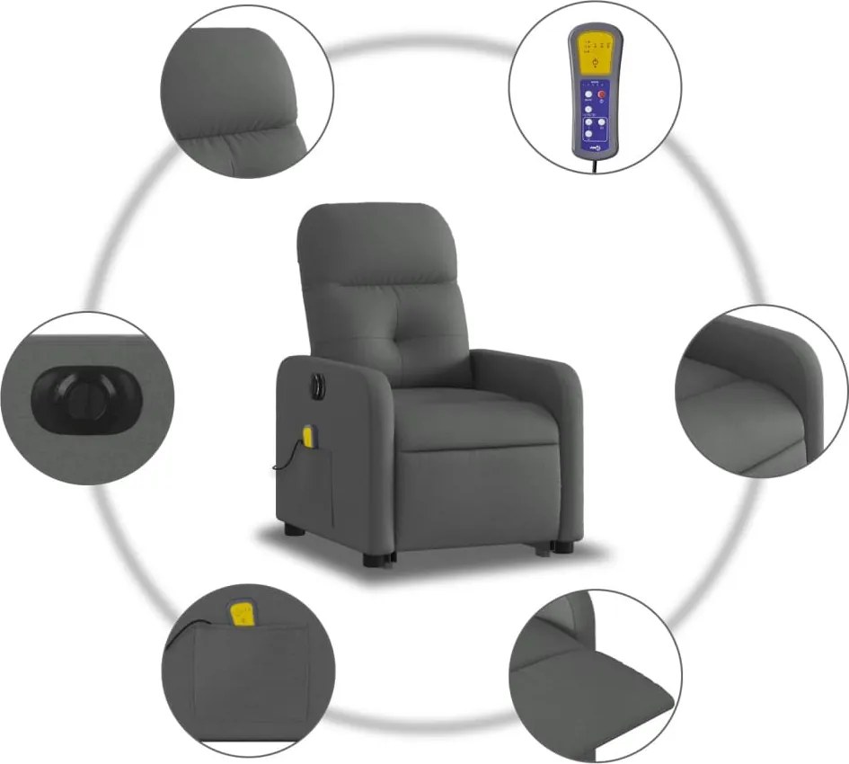 Elektrické zvedací masážní polohovací křeslo tmavě šedé textil 3206823
