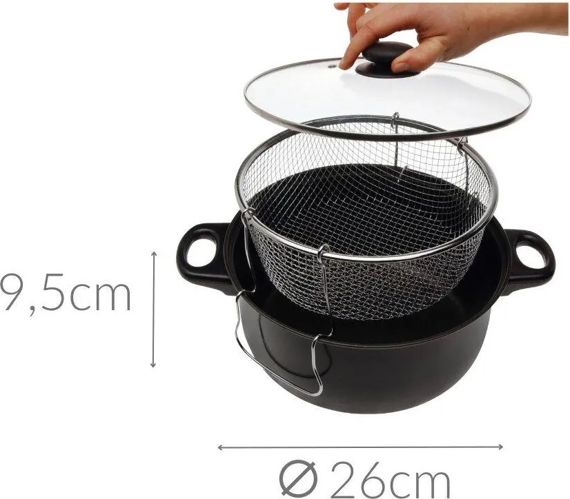 Fritovací hrnec na smažení s košíkem a skleněným víkem, 26 cm