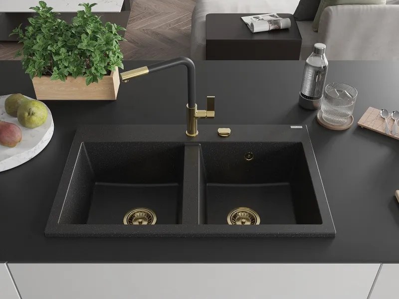 Mexen Hektor, 2-komorový granitový dřez 800x480x205 mm, černá-stříbrná metalíza, zlatý sifon, 6521802000-73-G