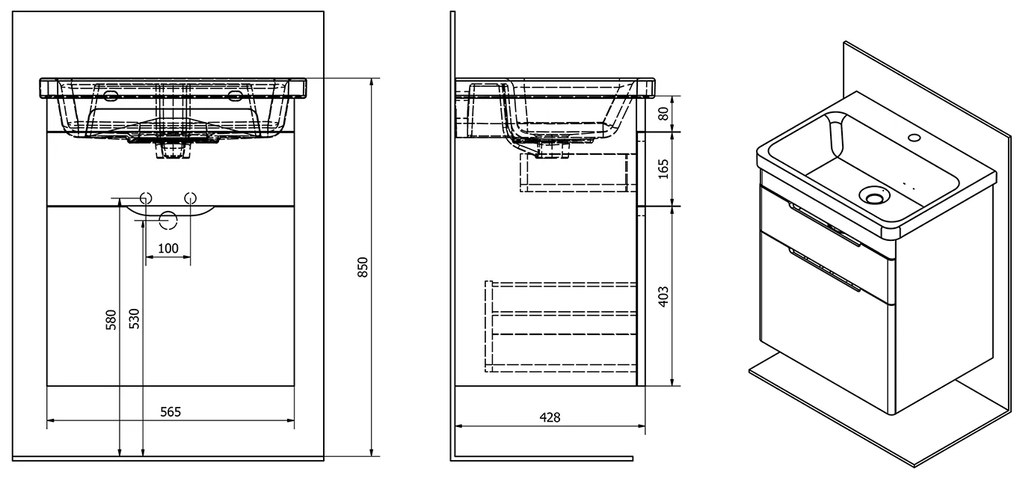 Sapho, ELLA umyvadlová skříňka 56,5x65x43cm, 2x zásuvka, bílá (70062), EL062-3030