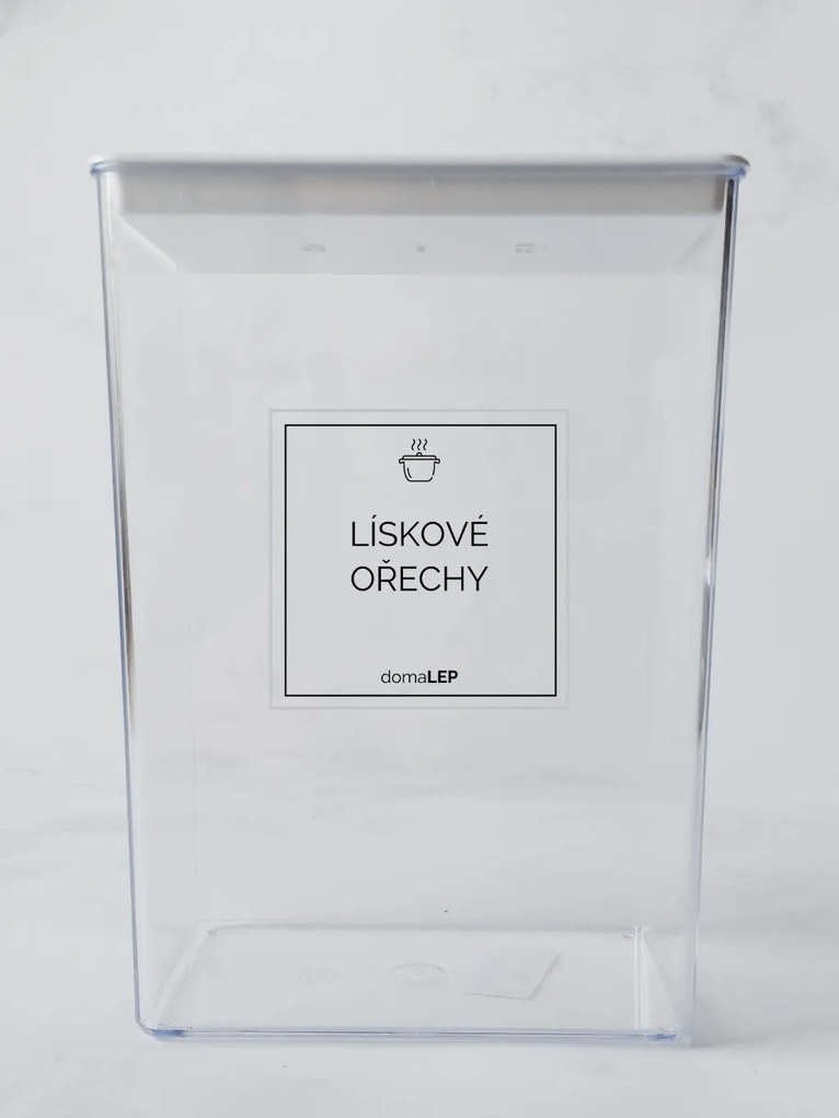 LÍSKOVÉ OŘECHY – průhledná samolepka na dózu, základní písmo, 5 x 5 cm | DomaLEP