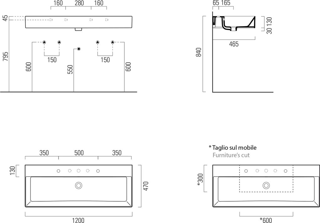 Sapho, KUBE X keramické umyvadlo 120x47 cm, 2 otvory, bílá ExtraGlaze