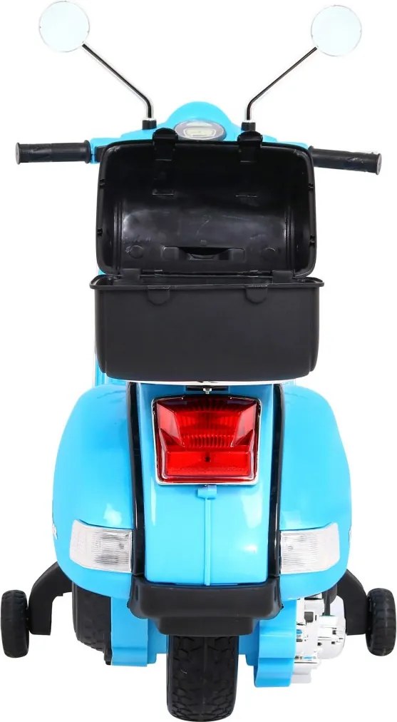 Ramiz Elektrický skútr Vespa pro děti modrý + pomocná kolečka + audio + ekokůže + EVA + plynulý start