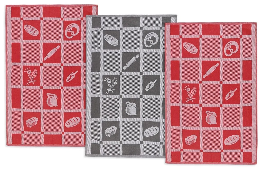 Bellatex Kuchyňská utěrka patchwork červenošedá, 50 x 70 cm, sada 3 ks