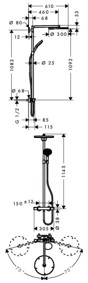 Hansgrohe Raindance S, Showerpipe 300 1jet s termostatem, chromová, HAN-27114000