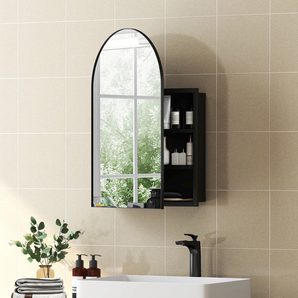 HOMCOM Zrcadlová skříňka do koupelny, klenutá koupelnová skříňka s dveřmi otočnými o 180°, 3 policemi, kovová, černá 50 x 12 x 76 cm