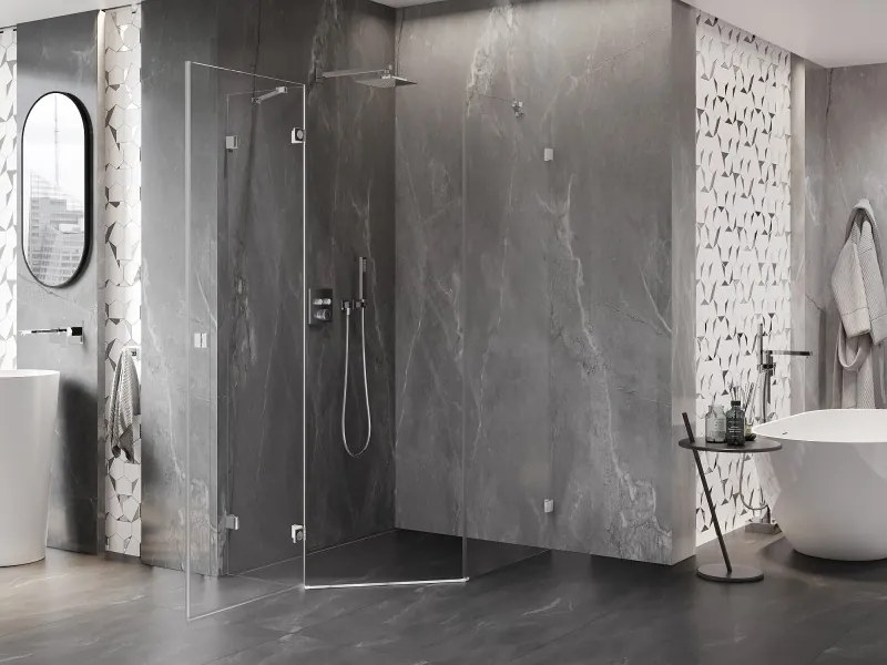 Mexen Lunar, pětiúhelníkový sprchový kout naklápěcí doleva 80 x 90 cm, 8mm čiré sklo, chromový profil, 831-080L-090P-01-00-L