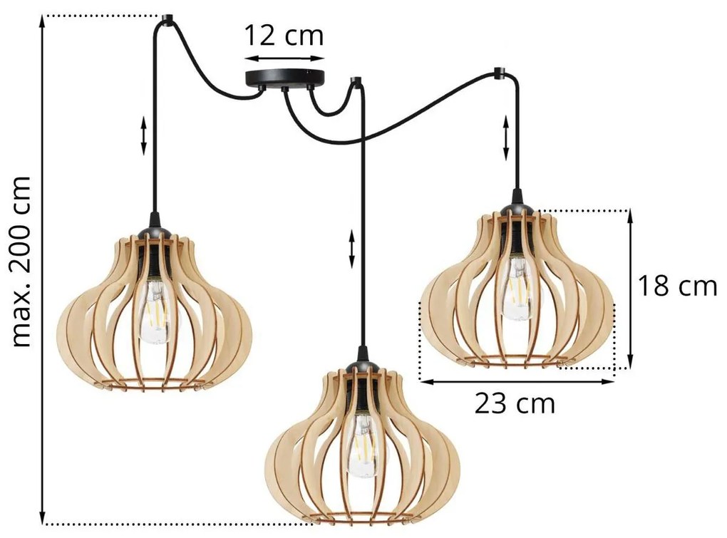 Závěsné svítidlo TIMBER SPIDER 3, 3x dřevěné stínítko