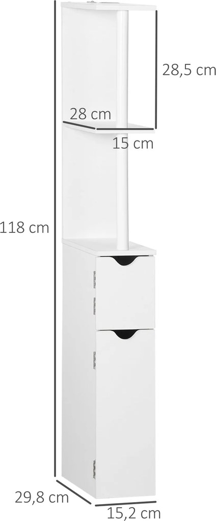Kleankin Koupelnová Sloupová Skříňka s Dvířky a Otevřenými Policemi - Moderní Koupelnová Skříňka 15,2x29,8x118 cm Bílá
