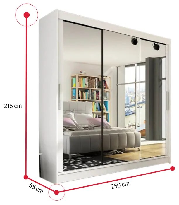 Posuvná šatní skříň ASTON III se zrcadlem, 250x215x58, černá mat