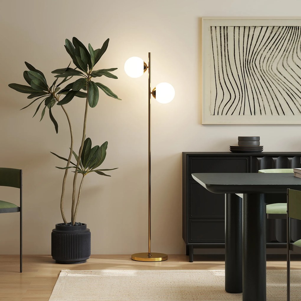 HOMCOM stojací lampa 2-dílná se skleněným stínidlem, ocel a sklo, výška 165 cm, zlatá a bílá, moderní design do obývacího pokoje