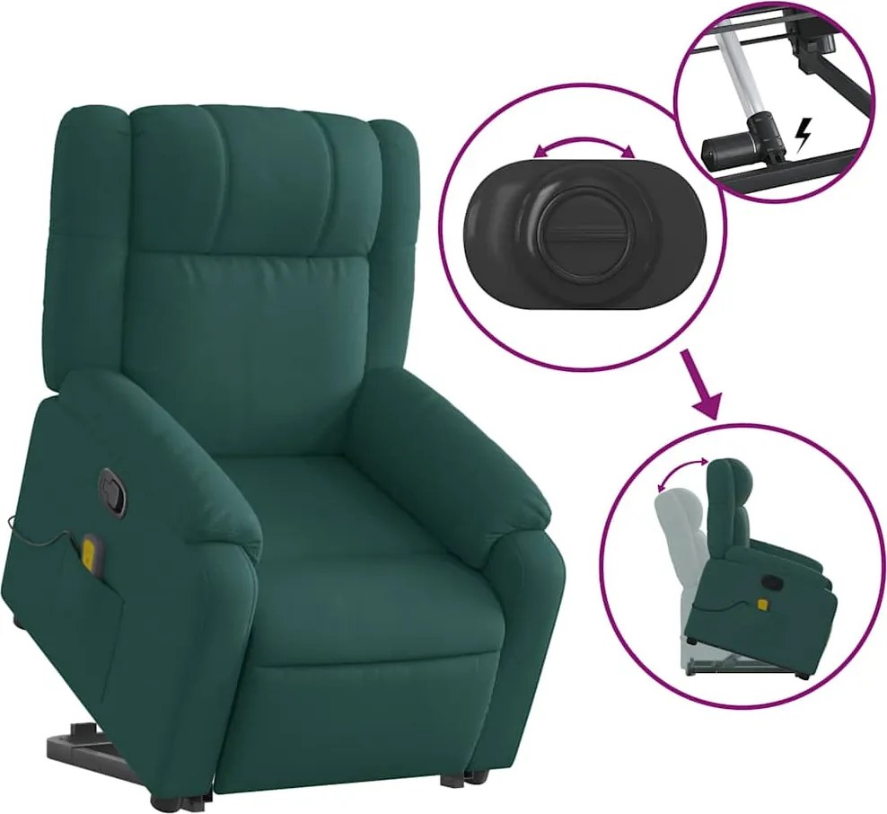 Zvedací masážní polohovací křeslo tmavě zelené textil 3205220