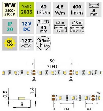 LED pásek McLED 12V teplá bílá CRI90 š=8mm IP20 4,8W/m 60LED/m SMD2835 ML-121.831.60.2