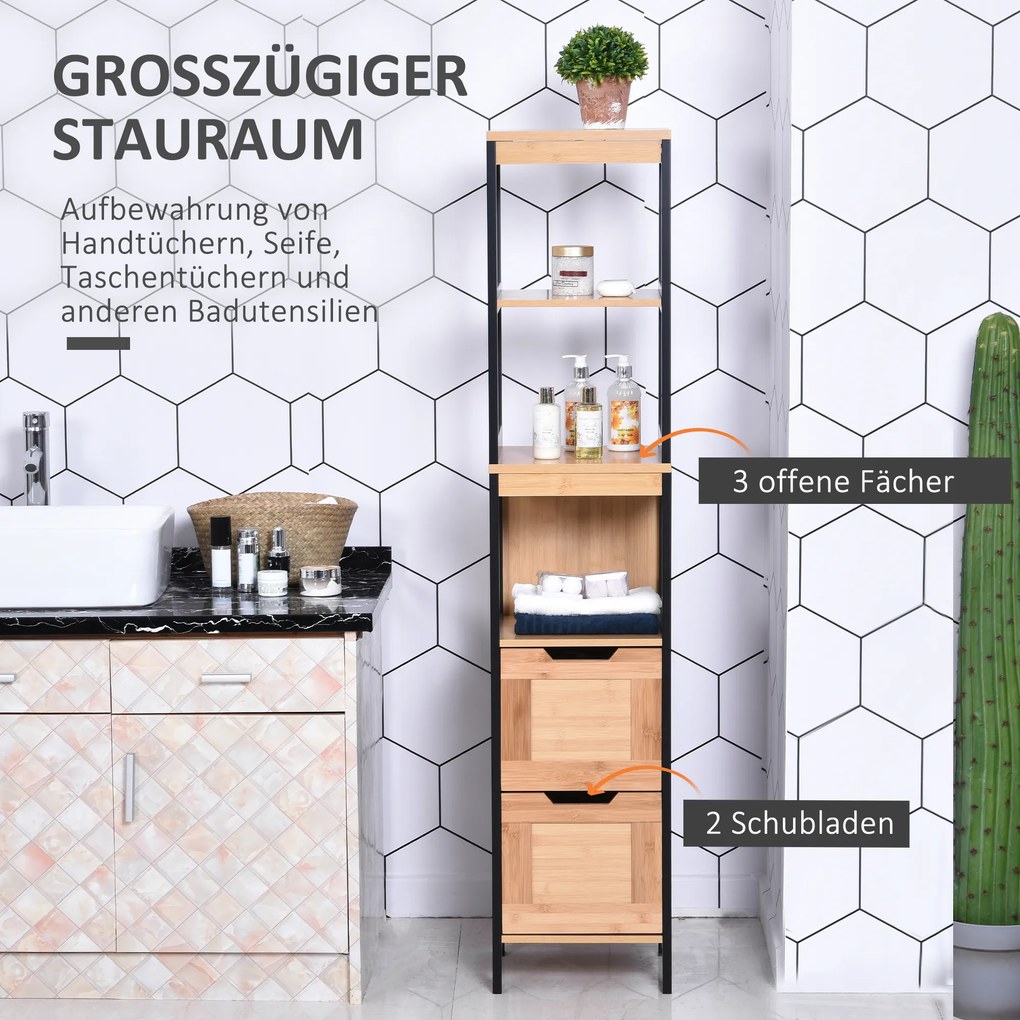 Kleankin Koupelnový Sloupkový Skříň S 3 Policemi A 2 Zásuvkami Moderní Styl 30x30x144,3 cm Černá a Přírodní