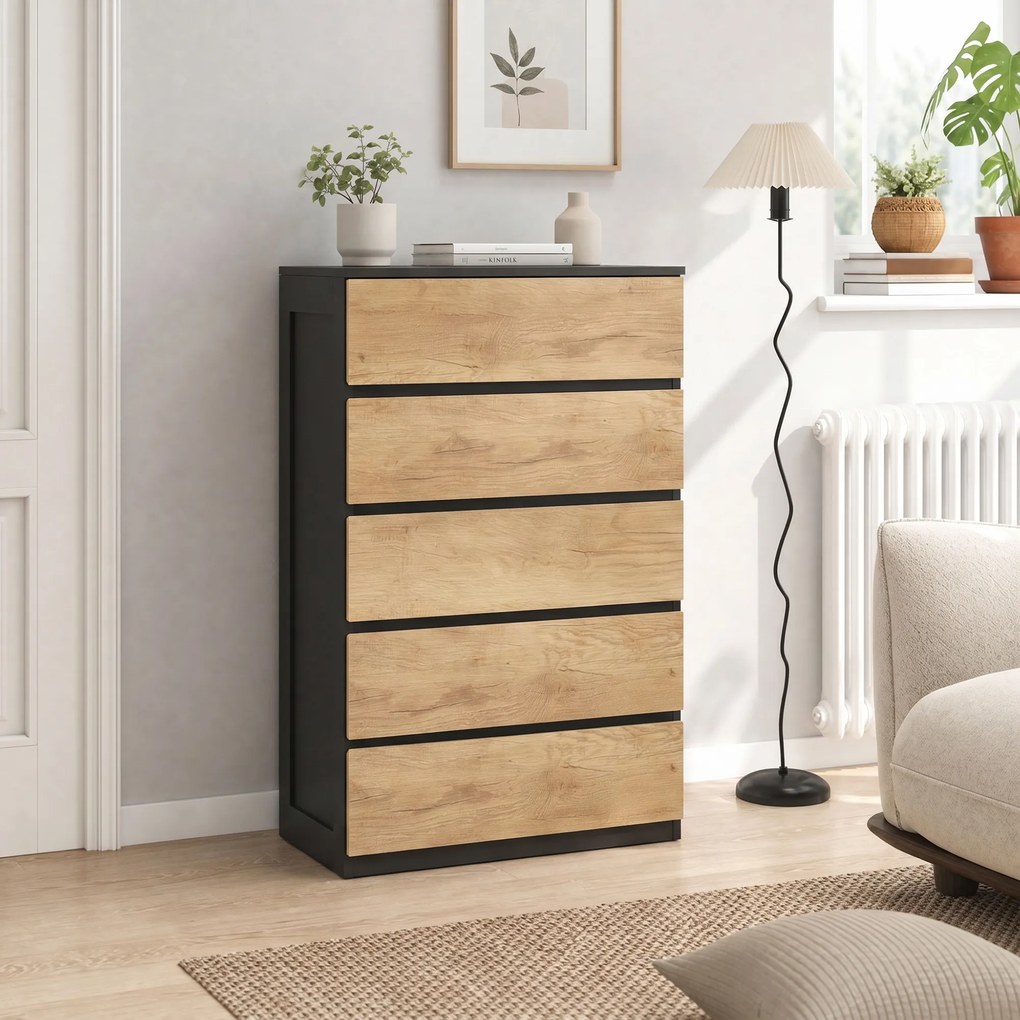 HOMCOM komoda s 5 zásuvkami z dřeva s kovovými pojezdy a frézovanými úchyty, 60x39x100 cm
