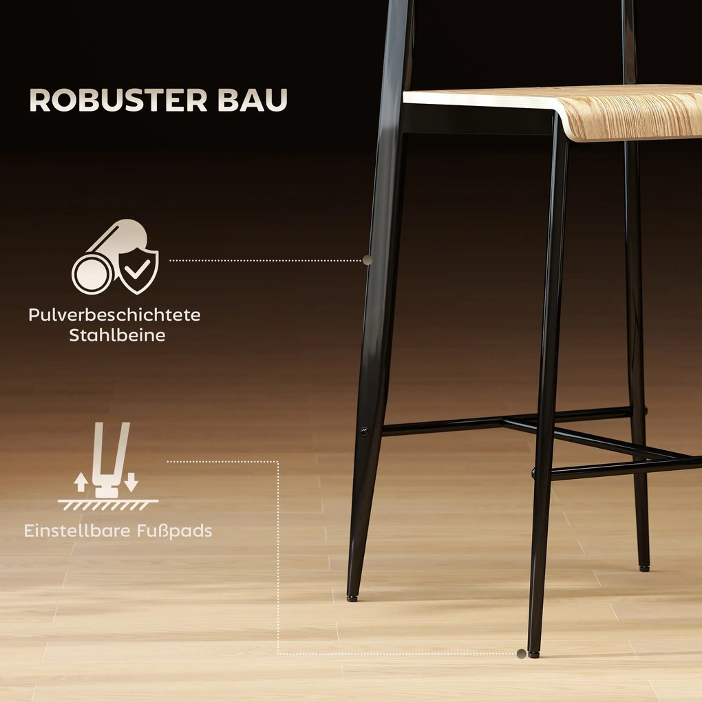 HOMCOM Sada 2 Barových Židlí, Barová Židle s Opěrným Nohama, Kovový Rám, Kuchyňská Židle s Výškou Sedáku 66 cm, Snadná Montáž, Průmyslový Design Přír…