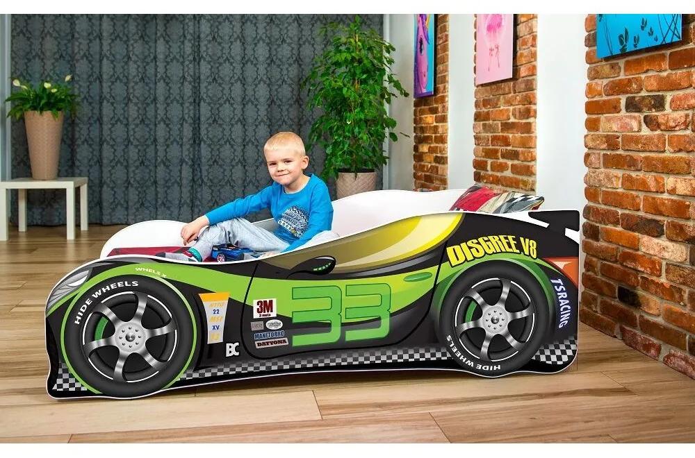 Svět pokojů Dětská autopostel sportovní auto černo zelené 33 + matrace zdarma Rozměr: 140x70 cm