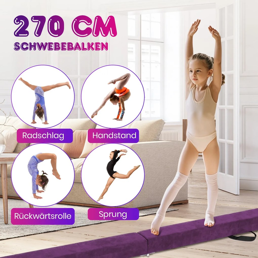 Costway 270 cm kladina dětská kladina skládací gymnastická kladina s – fialový