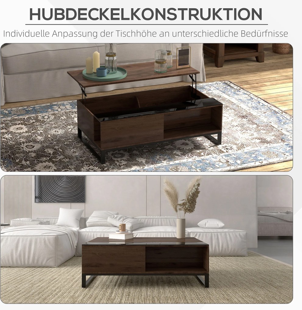 HOMCOM konferenční stolek odkládací stolek se zvedací funkcí 102x58x35,5cm moderní rozkládací stolek s úložným prostorem z oceli v barvě ořech černá |