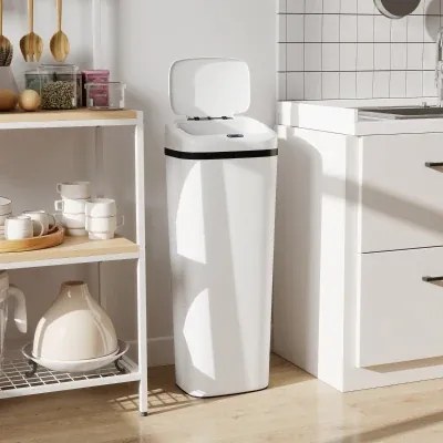 HOMCOM automatický 50 l kuchyňský odpadkový koš, úzký nerezový koš s infračerveným senzorem, manuální režim, odolný proti otiskům prstů, bílý
