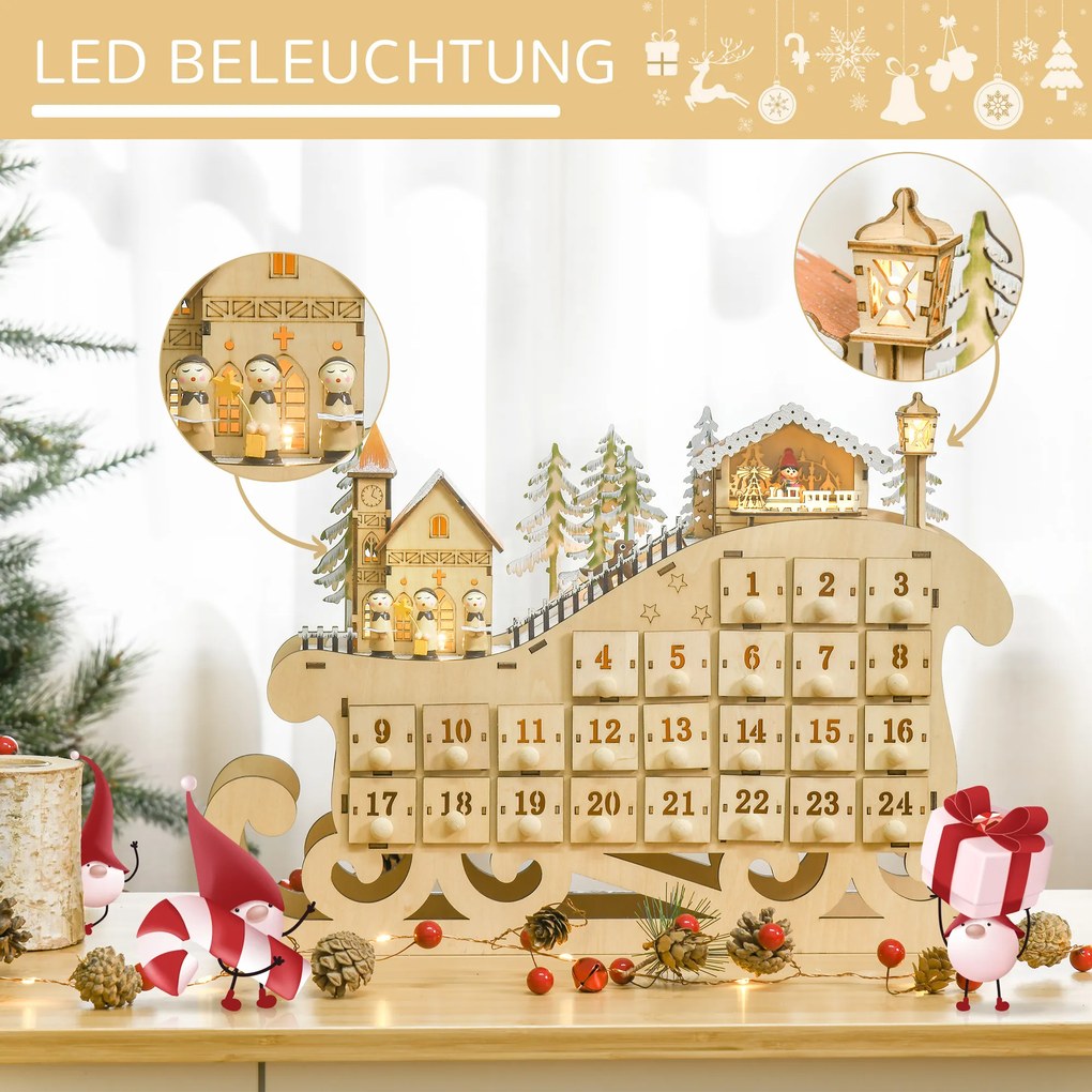 HOMCOM Adventní kalendář k naplnění s 24 zásuvkami, LED světly, ve tvaru saní, DIY vánoční kalendář, odpočítávací kalendář k Vánocům, dárek pro děti …