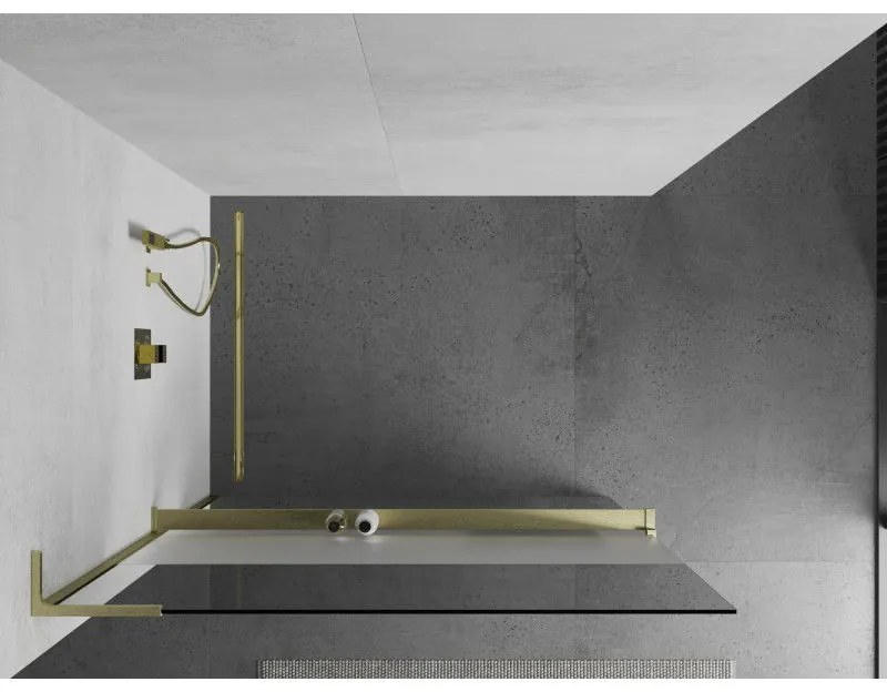 Mexen Kioto+ L, sprchová zástěna Walk-In s poličkou a věšákem 120 x 200 cm, 8mm čiré sklo-námraza, zlatý matný profil, 800-120-123-55-35