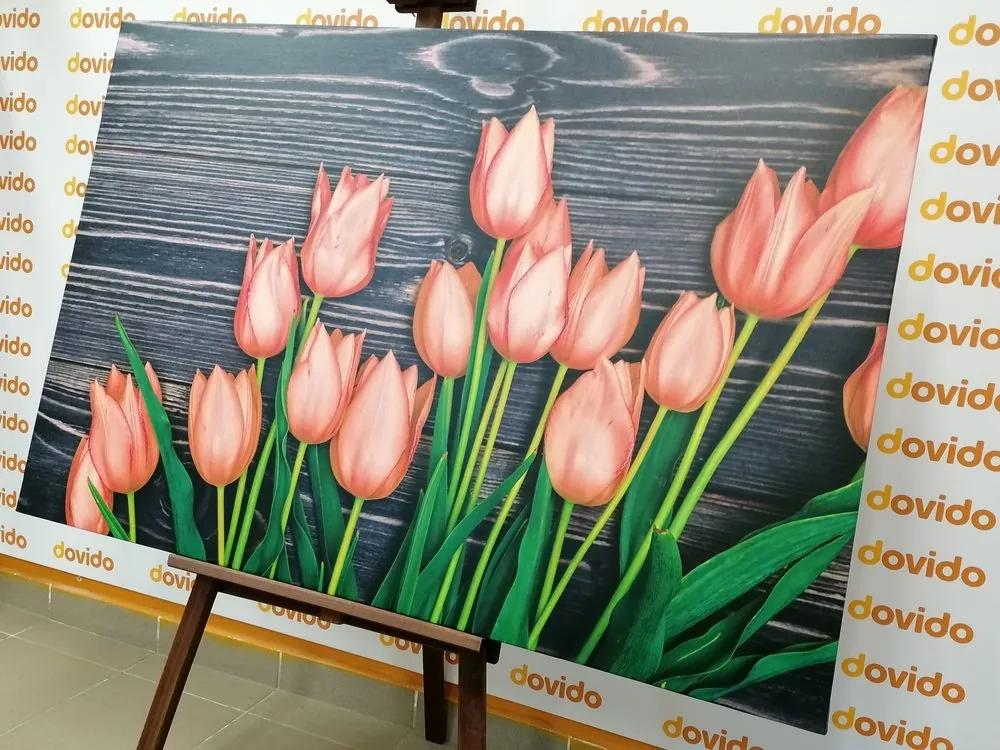 Obraz očarující oranžové tulipány na dřevěném podklade - 90x60 cm