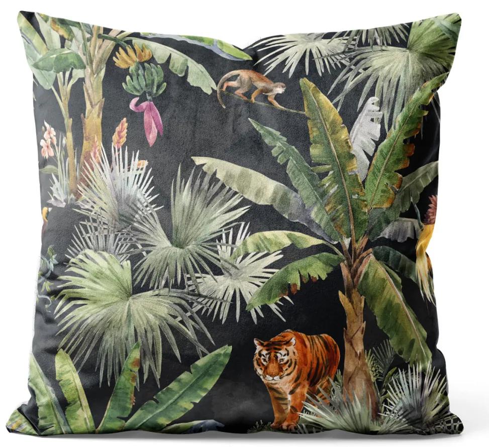 Dekorační velurový polštář V džungli - kompozicija s palmami, tigrom in opico na temnem ozadju welurowa