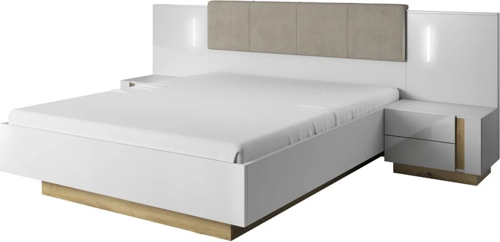 Sestava Arco N+O – postel 160×200 s úložným prostorem a kovovým roštem + noční stolky s LED osvětlením, bílý lesk/dub grandson