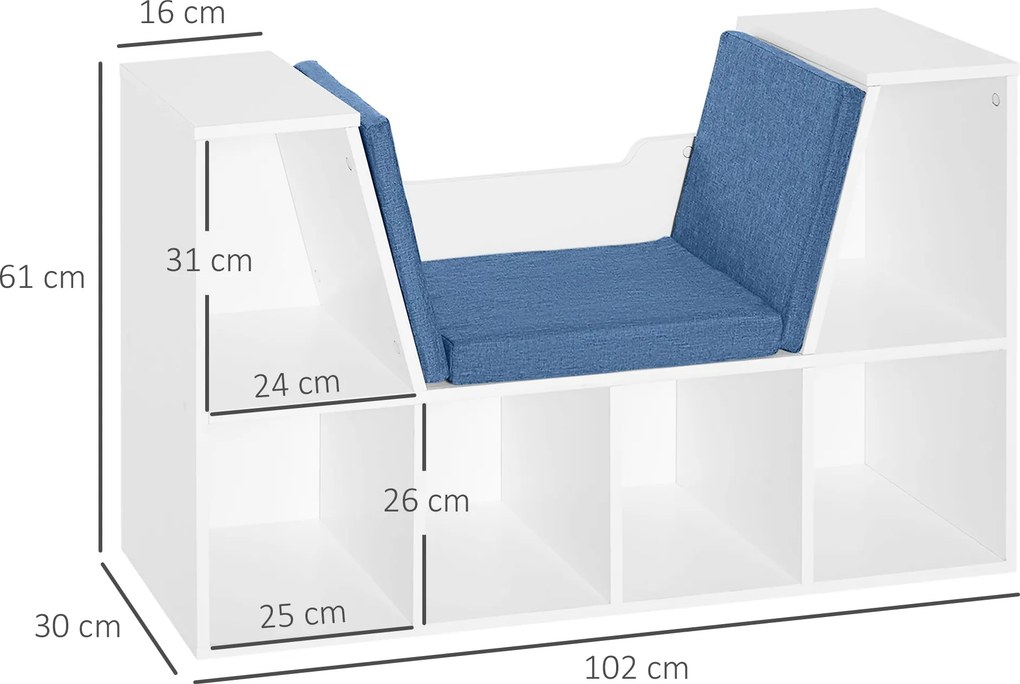 HOMCOM Knihovna s lavicí 2 v 1 Moderní design 6 oddílů 3 polštáře 102Š x 30H x 61V cm Bílá Modrá