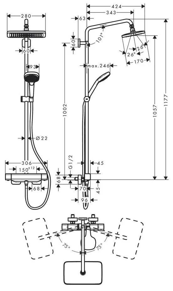 Hansgrohe Croma E, Showerpipe 280 1jet EcoSmart se sprchovým termostatem, chromová, HAN-27660000