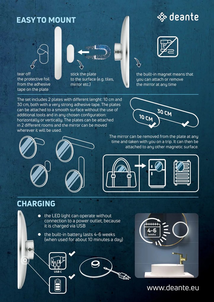 Deante Kosmetické zrcátko Round magnetické, LED osvětlení - ADR 0821
