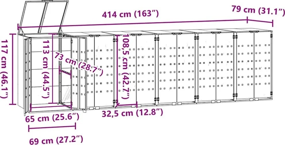 vidaXL Box na 6 popelnic 414 x 79 x 117 cm ocel [3279981] Barva: Černá