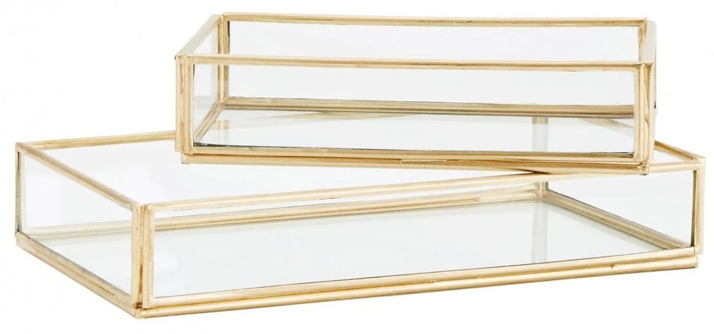 MADAM STOLTZ Skleněný box Gold Rectangular - set 2 ks, zlatá barva, čirá barva, sklo, kov