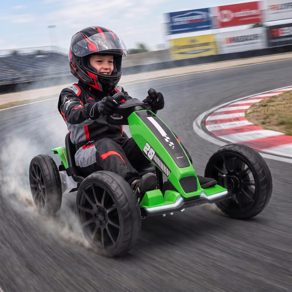 AIYAPLAY Elektro Go-Kart pro děti 12V Gokart s 2 motory, 4násobně nastavitelným sedadlem, plynulý start, EVA kola, LED světlomety 370-518V90GN