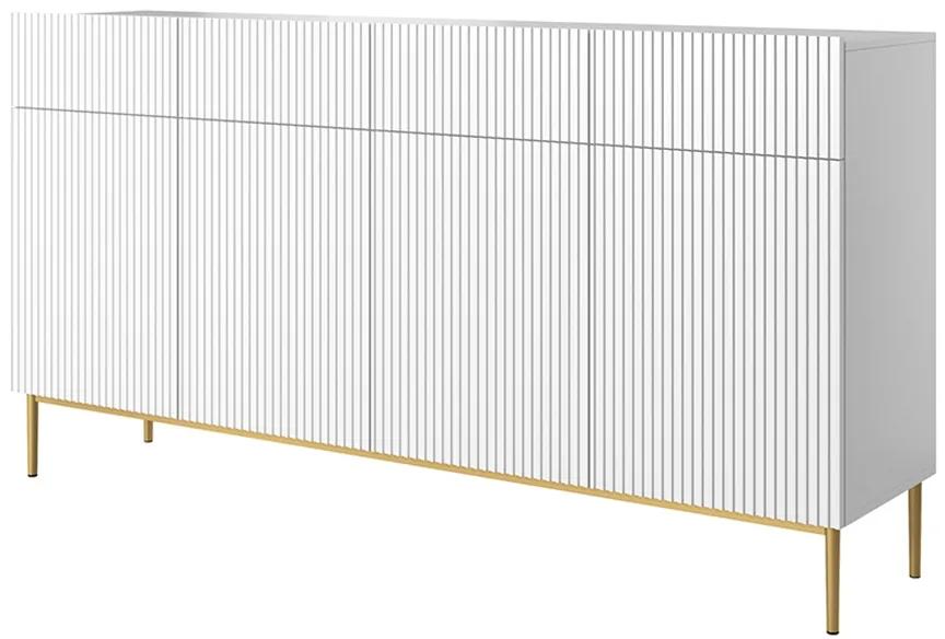 Komoda Nicole 200 cm se čtyřmi zásuvkami - bílý mat / zlaté nožky