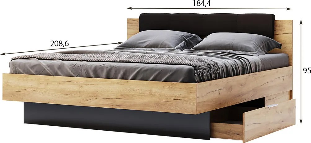 Postel 180x200, čalouněné čelo se šuplíky (bez rámu) Lava / dub kraft Luna