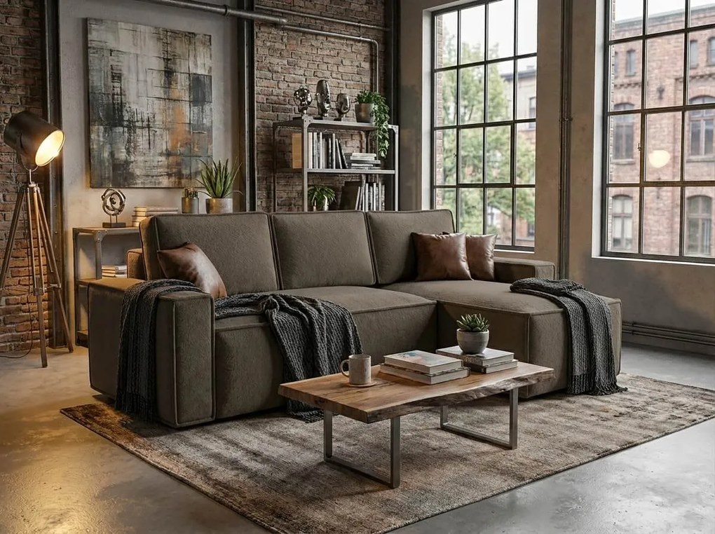 Rozkládací oboustranná sedací souprava do L SMART BOUCLE 232x143 cm, šedohnědá