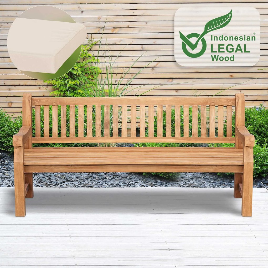 Teaková lavice Jackson s sedací polštář 200 cm + teak – krémová