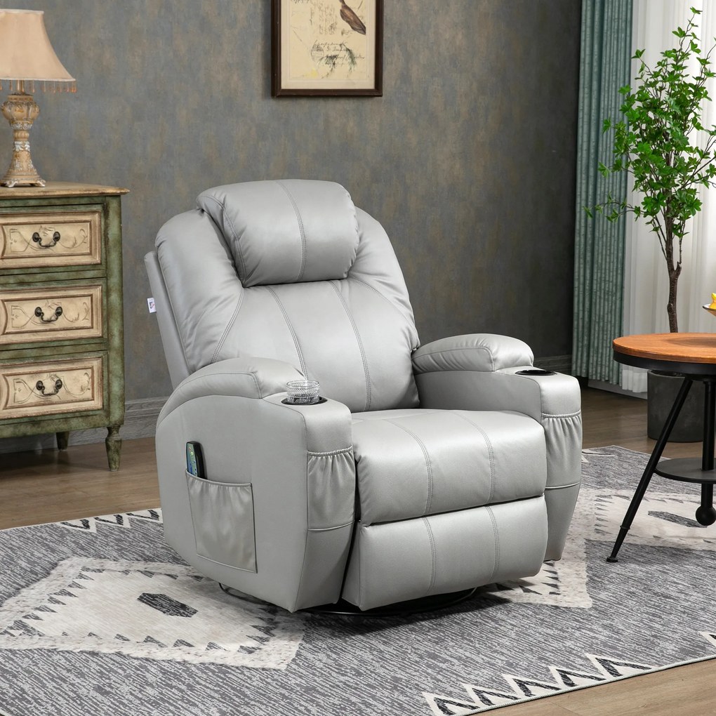 Masážní křeslo HOMCOM Relaxační křeslo s 8 vibračními body, 5 režimů, funkce polohování, nosnost 150 kg, imitace kůže, světle šedá