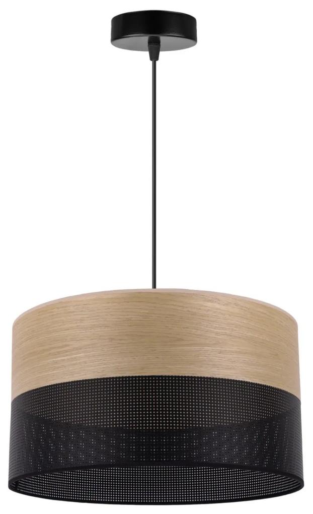 Light Home Závěsné svítidlo Wood, 1x dýha zlatý dub/černé plastové stínítko, (fi 35cm)