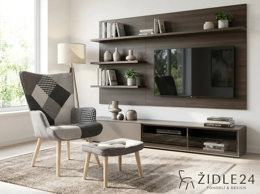 Relaxační křeslo ušák s podnožkou LYRO - šedá patchwork látka