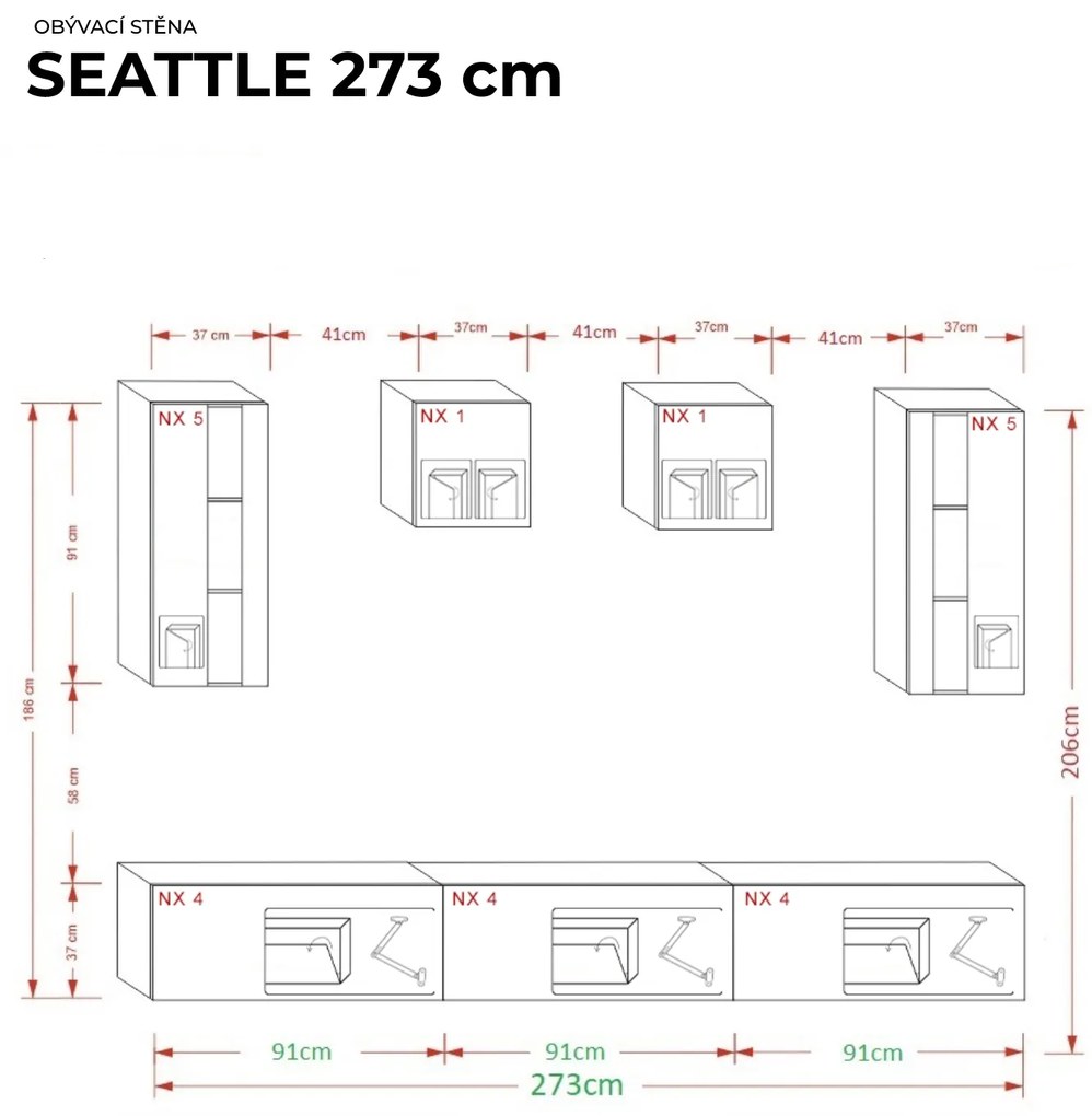Ral Obývací stěna SEATTLE 8, 273 cm - Černo/bílý lesk