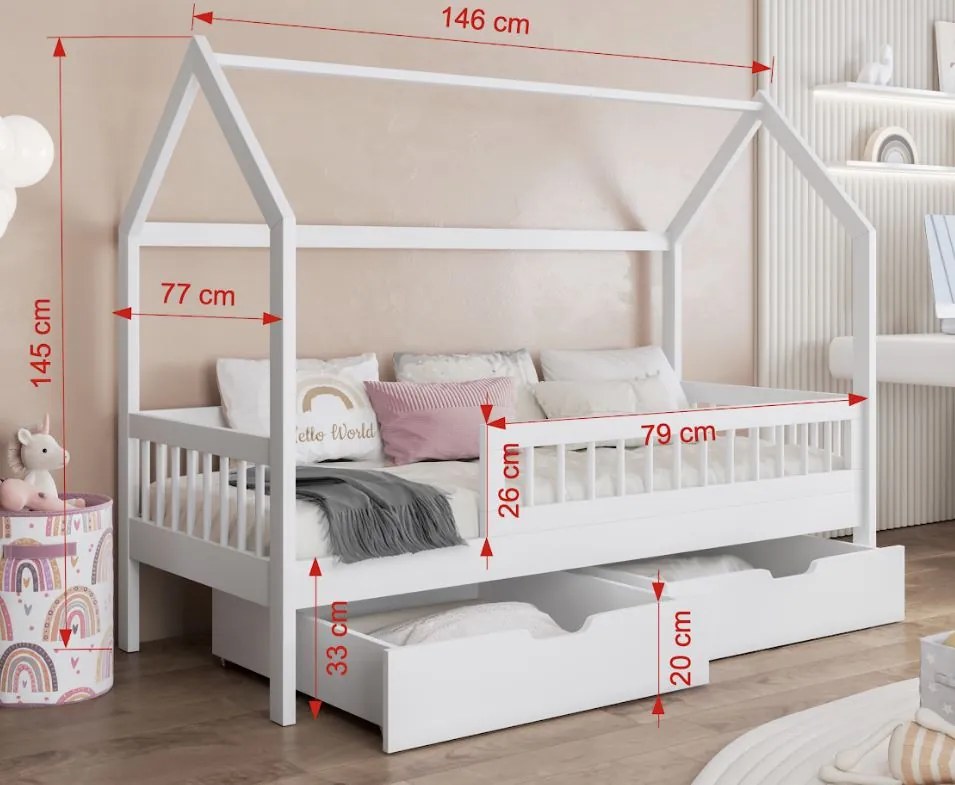 Dětská domečková postel z masivu borovice GAJA se šuplíky - 140x70 cm - bílá