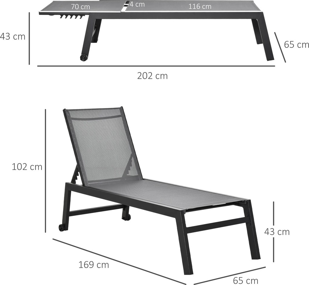 Outsunny lehátko zahradní hliníkové šedé 5-stupňové opěradlo 169 x 65 x 102 cm pro zahradu a terasu | Aosom.de