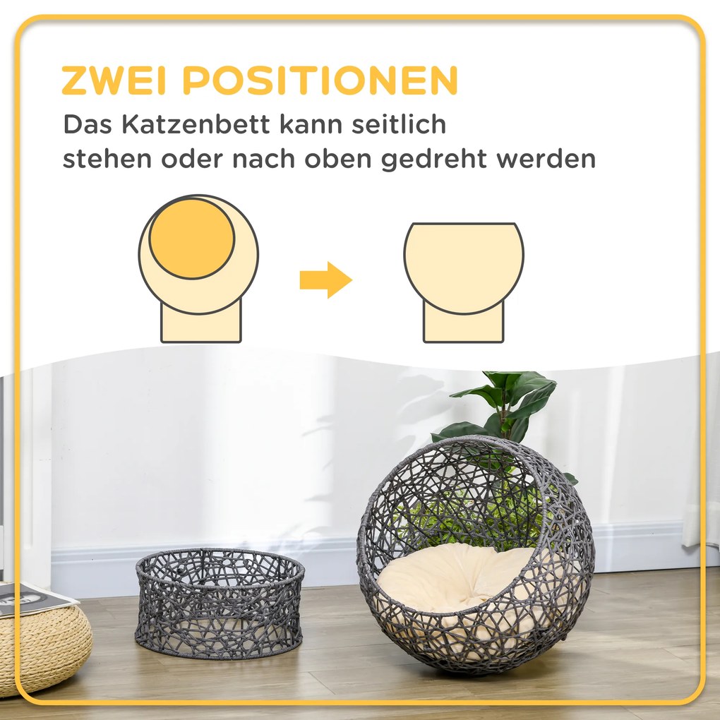 Kočičí jeskyně PawHut s polštářem 50 x 60 cm z polyesterového lana, válcový podstavec ve fialové a krémově bílé barvě, útulný pelíšek pro kočky