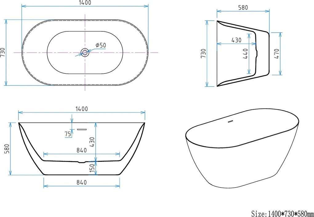 Erga Kaia, volně stojící vana 140x73 cm + odtoková zátka, bílá lesklá, ERG-Kaia-140073-WH-WH