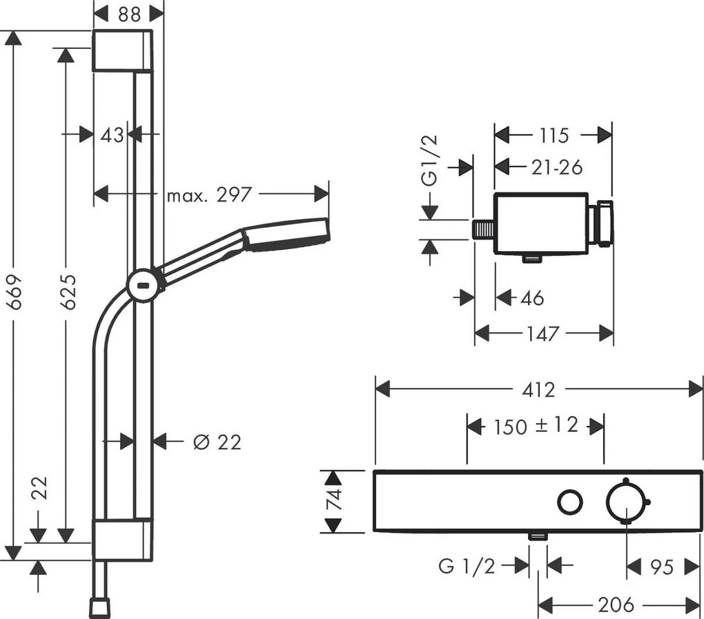 Hansgrohe Pulsify Select S, sprchová souprava 105 3jet Relaxation s termostatem, sprchovou tyčí 65 cm, chromová, HAN-24260000